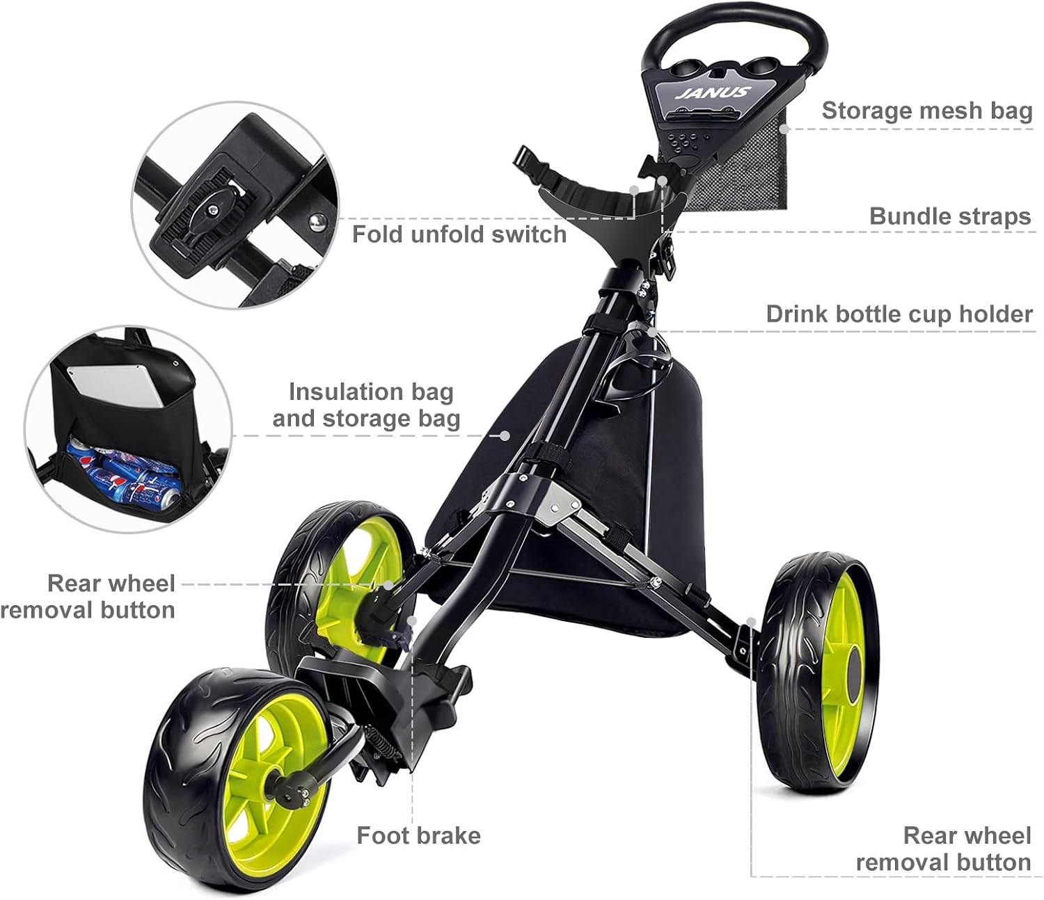 JANUS Golf Cart, Foldable Golf Push cart,Golf Bag cart,3 Wheel Golf ...