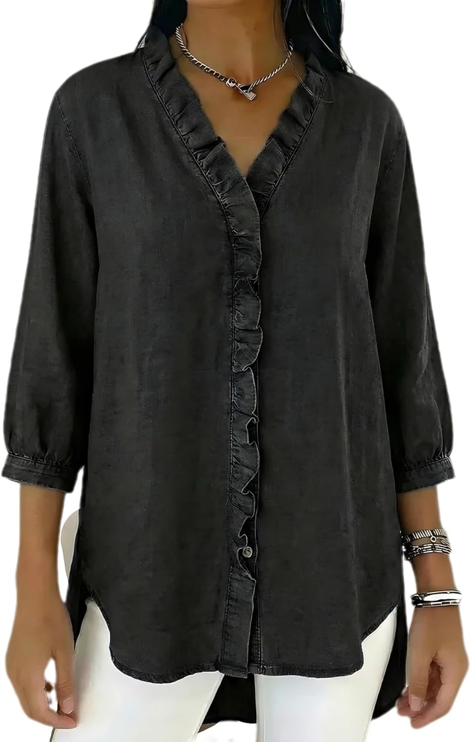 Amazon.com: dsumvns Womens Denim Shirt Button Down 3/4 Sleeve Ruffled ...