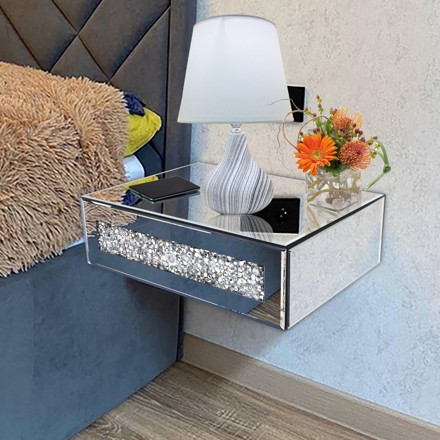 Amazon.com: Mirrored Floating Bedside Nightstand with Drawer, Wall ...