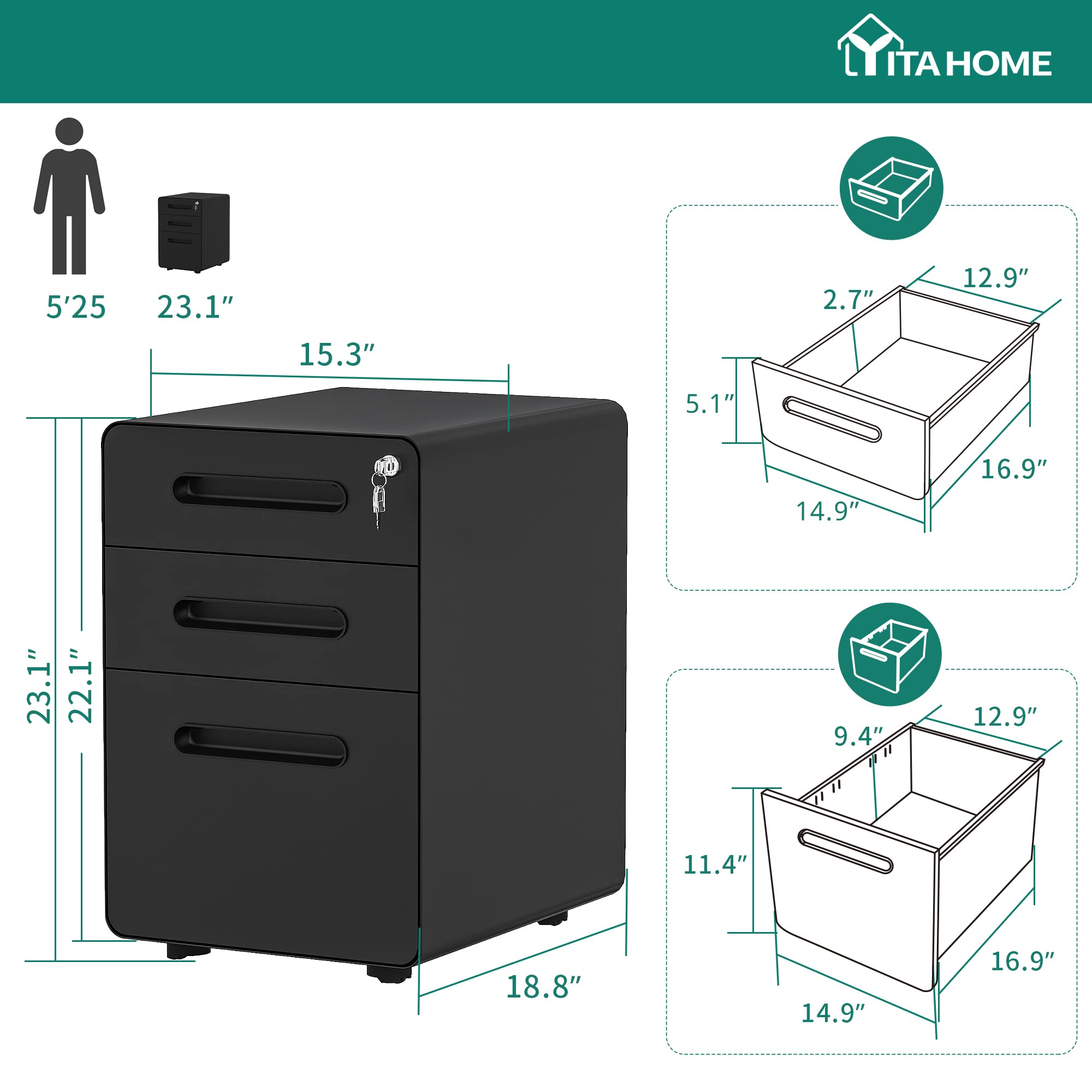YITAHOME 3-Drawer Metal Mobile File Cabinet, Rolling Filing Cabinet ...