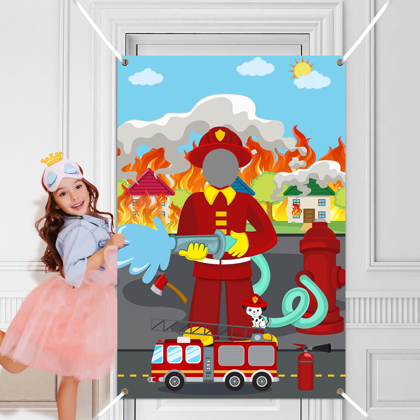 Buy MELTELOT Fireman Themed Photo Door Banner, 5x3ft Fire Engine Rescue ...