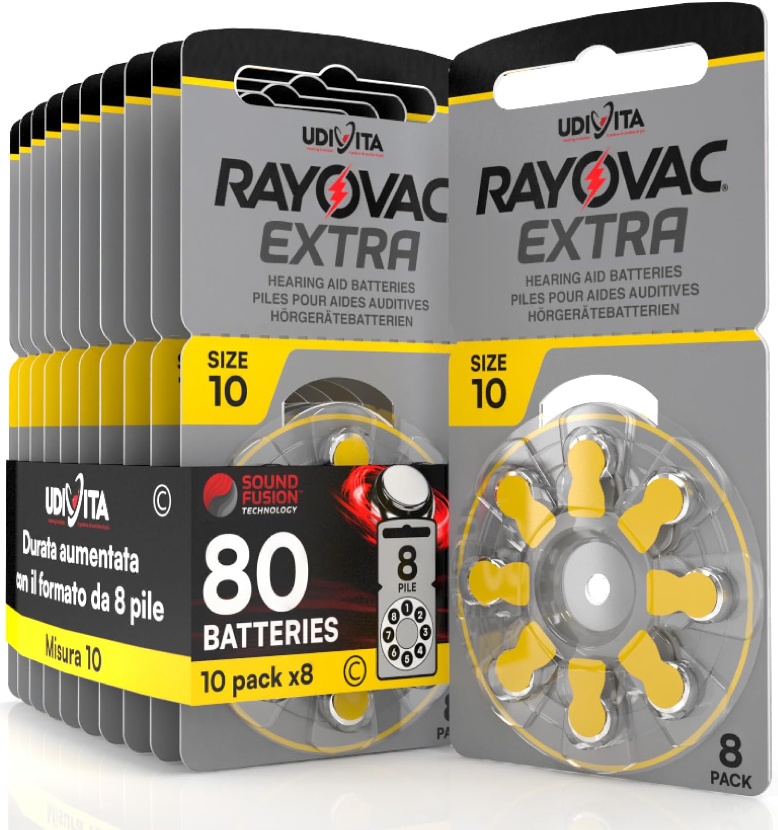 80 Hearing Aid Batteries Rayovac Extra 10. 10x8 Pack PR70 Yellow Size ...