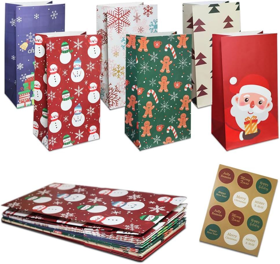 24Pcs Paper Bags with 24 Count Tags,6 Types Christmas Themes Goody Bags ...