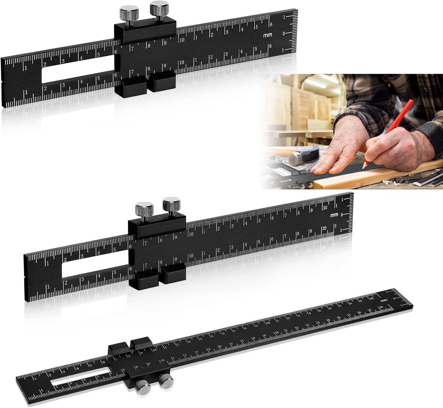 Teling 3 Pcs Woodworking Ruler Pocket Ruler with Slide Stops 6 8 12 ...