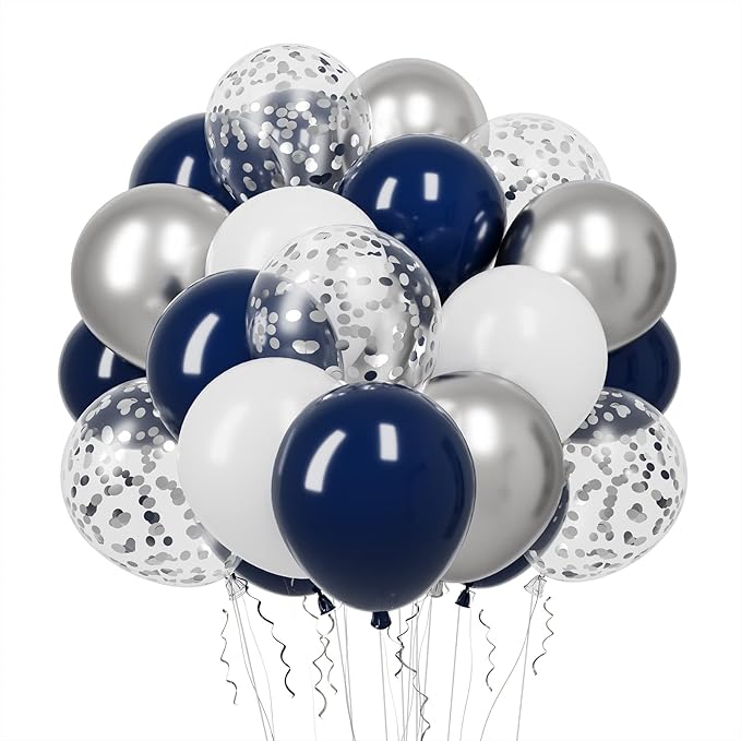 Amazon.com: RUBFAC 65 Pcs 12 Inches Navy Blue Silver Confetti Balloons ...
