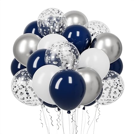 Amazon.com: RUBFAC 65 Pcs 12 Inches Navy Blue Silver Confetti Balloons ...