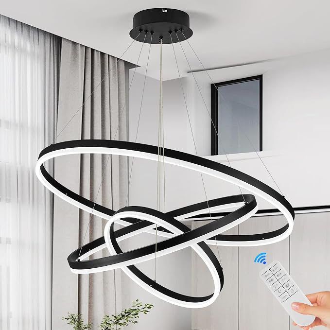 Benkut D31.5 3 Rings Modern LED Chandelier Black Dimmable LED Pendant ...
