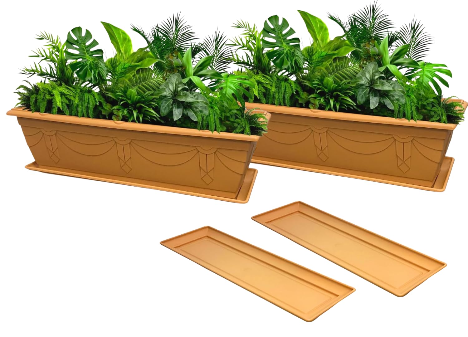 VR7 60cm Long Garden Planter with Trays - 2 Pack Durable Plastic Trough ...