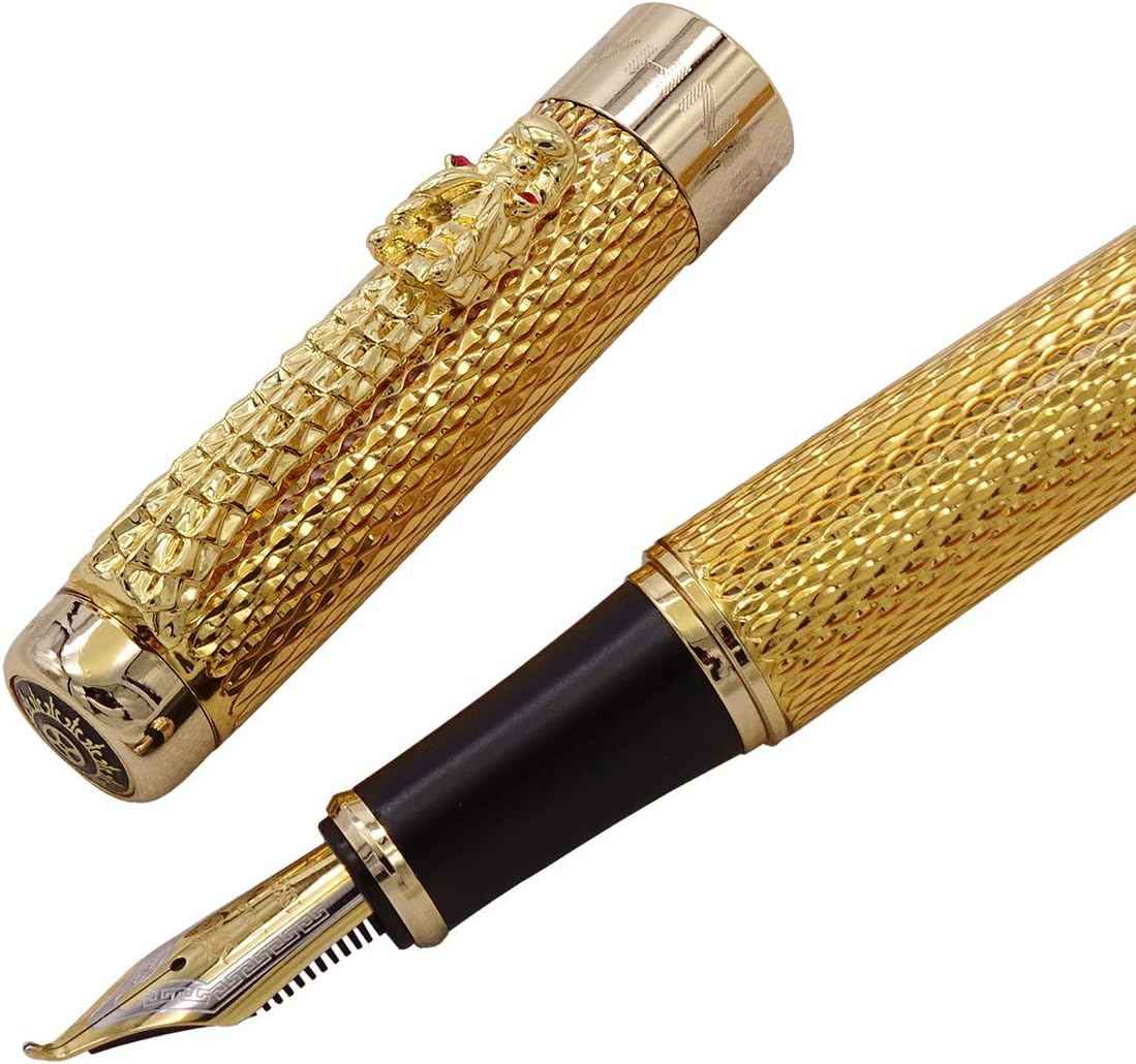 Amazon.com : Jinhao Golden Dragon, Gold Rain Fountain Pen Bent Nib, Red ...