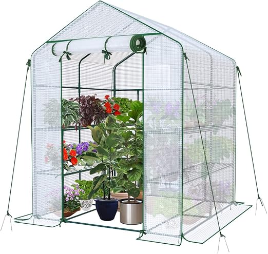 VOUNOT Walk In Greenhouse with Shelves, Roll up Zip Panel Door Garden ...