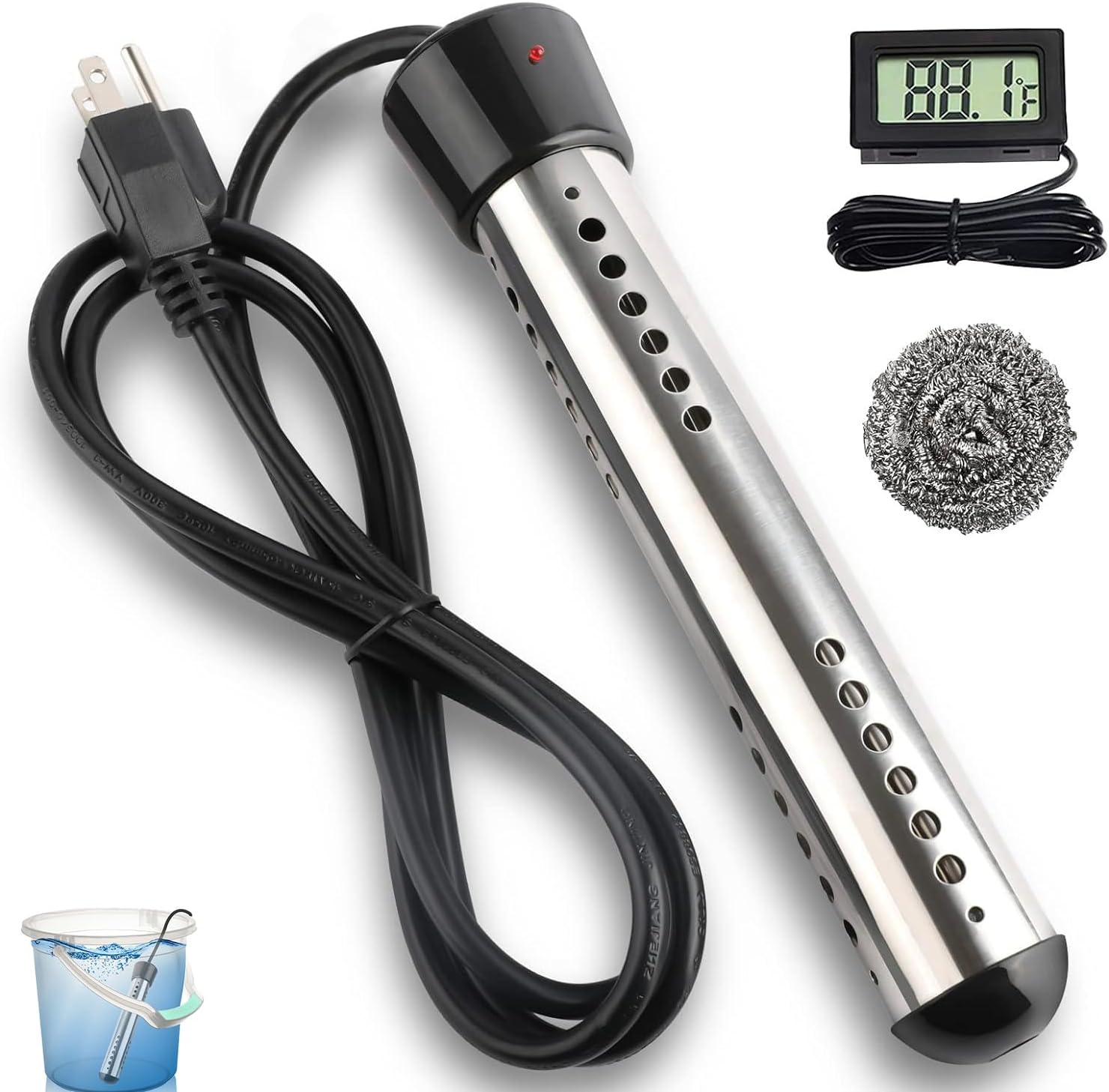 1000W Immersion Water Heater, Portable Bucket Heater with 304 Stainless ...