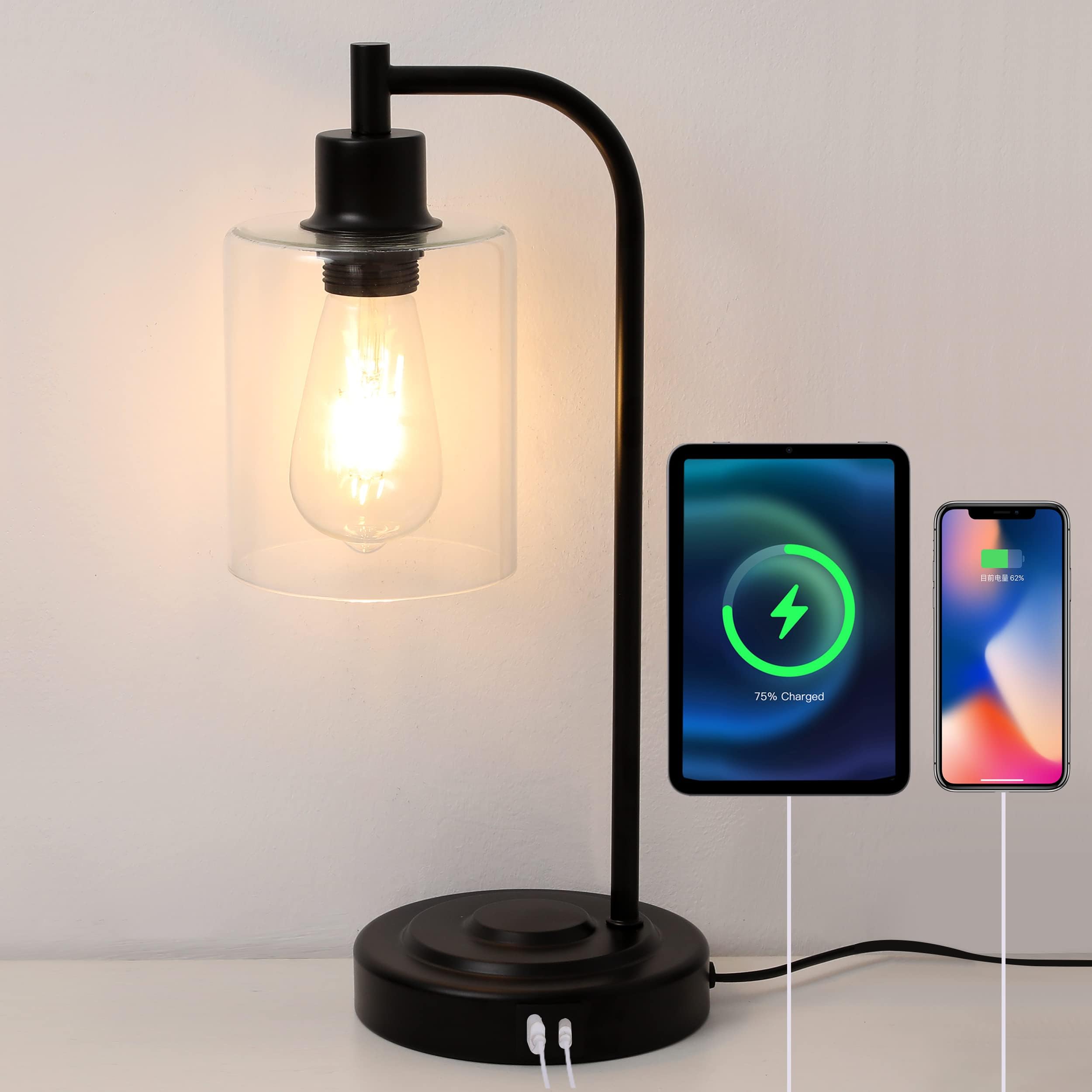 Hi-ERA Touch Control Table Lamp with Dual USB A+C Charging Ports, Glass ...