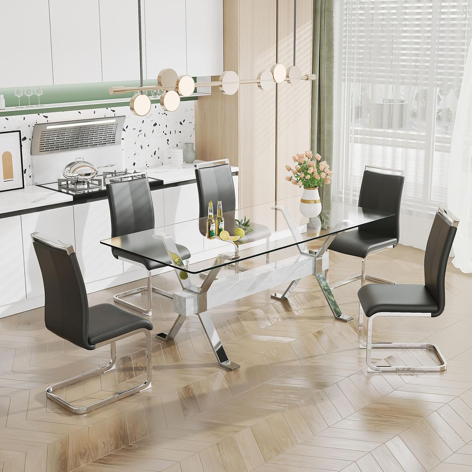 Amazon.com - Pvillez Glass Dining Table Set, 78" Modern Kitchen Table ...