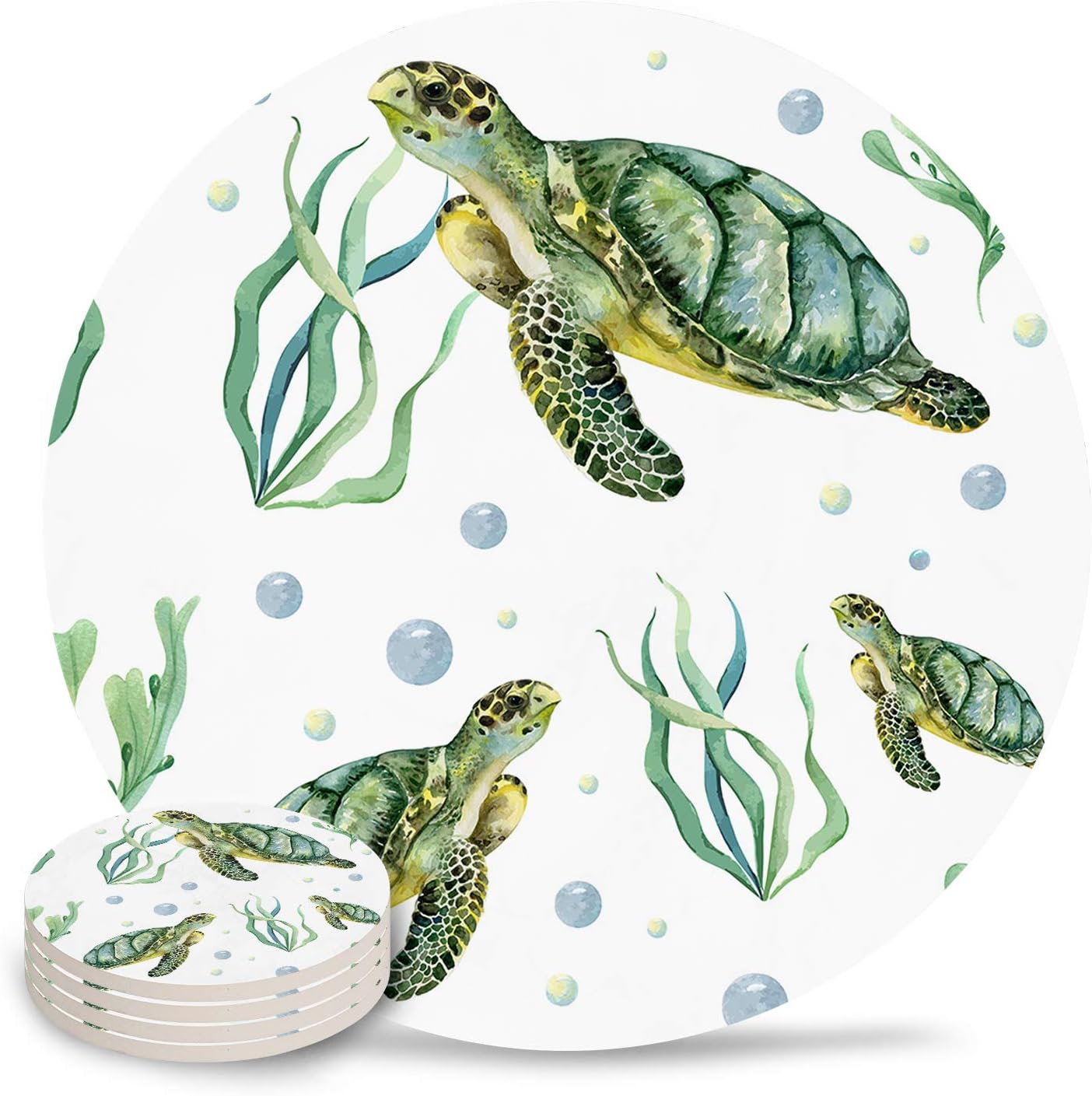 Amazon.com | Set of 6 Sea Turtle Coasters for Drinks, Absorbent Round ...