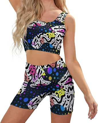 Amazon.com: Women Yoga Outfits Retro 80s 90s 2 Pieces Neon High Waist ...
