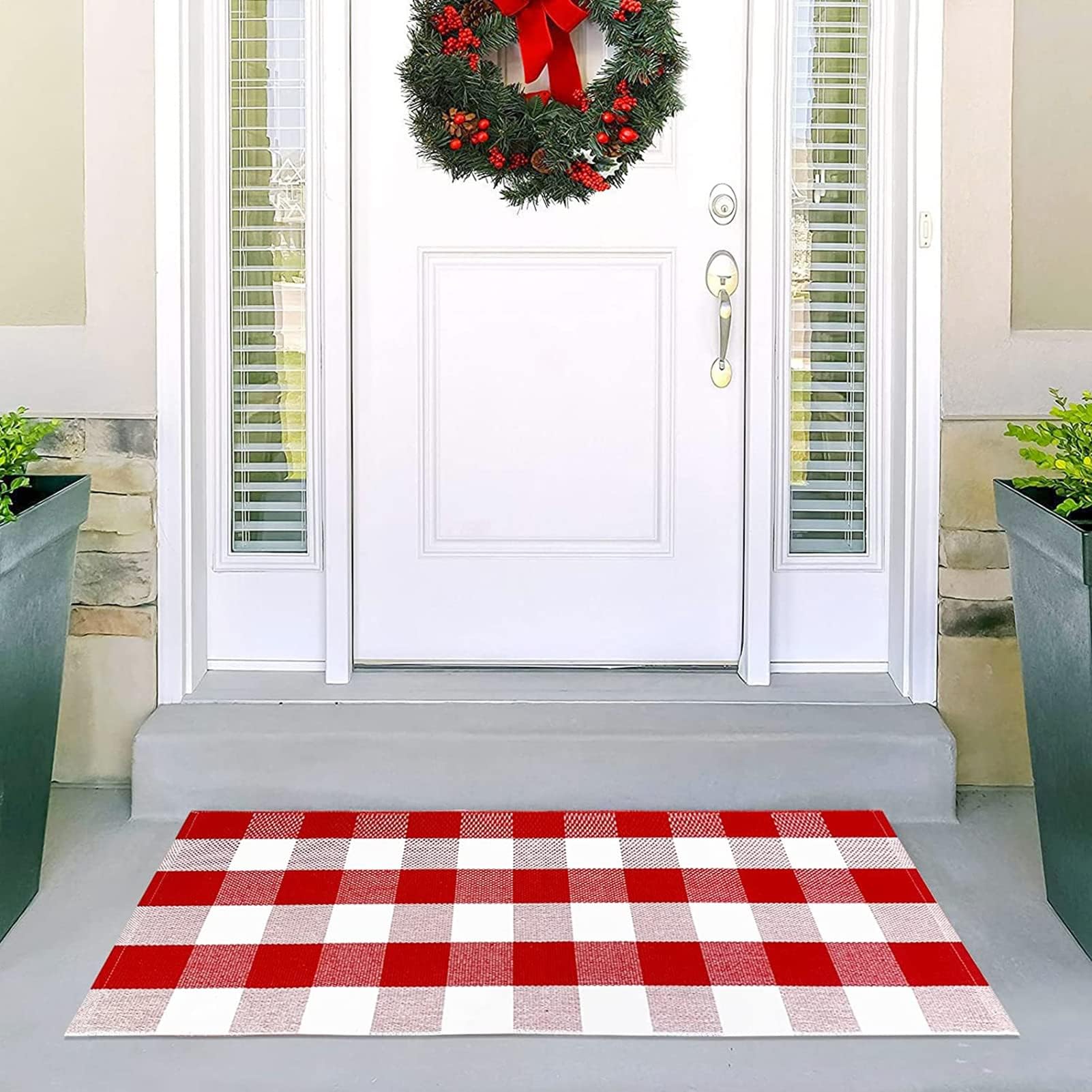 Amazon.com: Christmas Outdoor Rugs 24 x 51''Black Red Buffalo Plaid ...