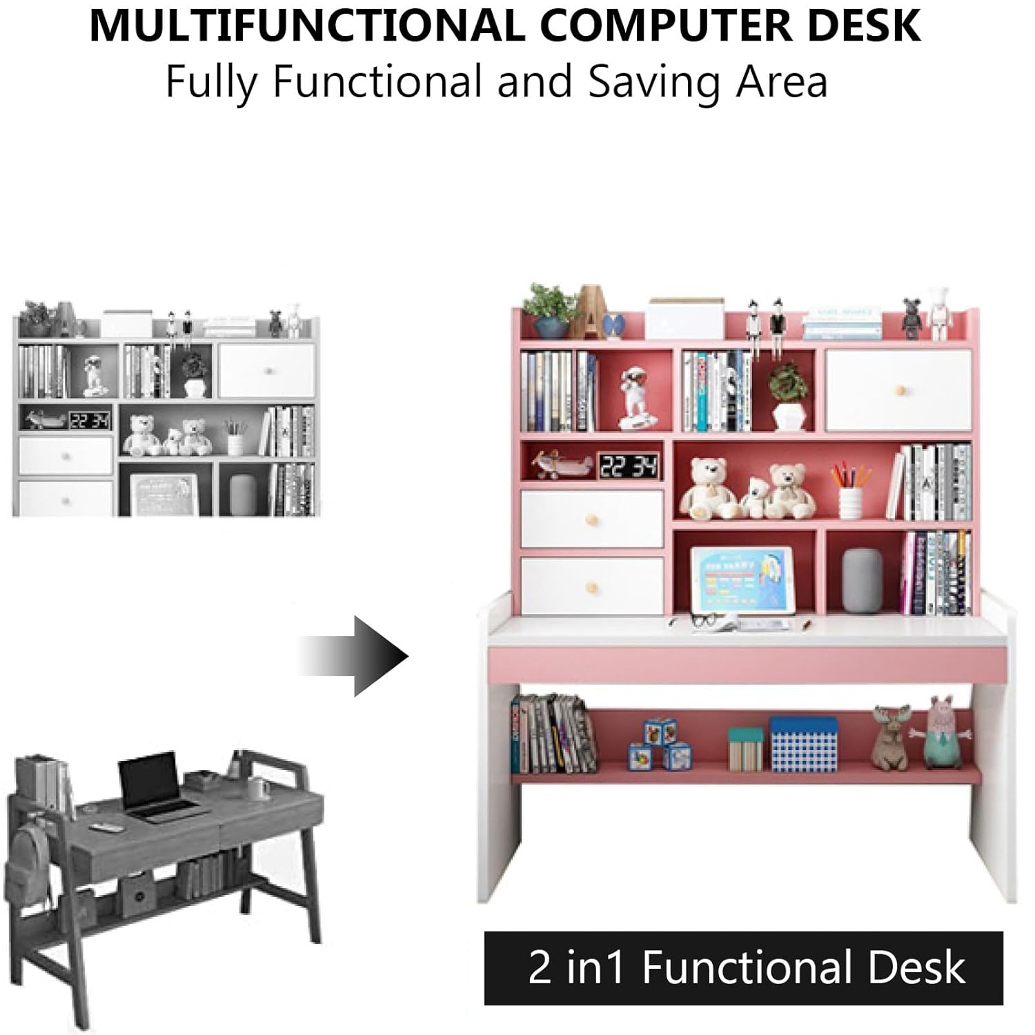 FAANAS Computer Desk with 2 Storage Drawers & Bookshelf, Adjustable ...