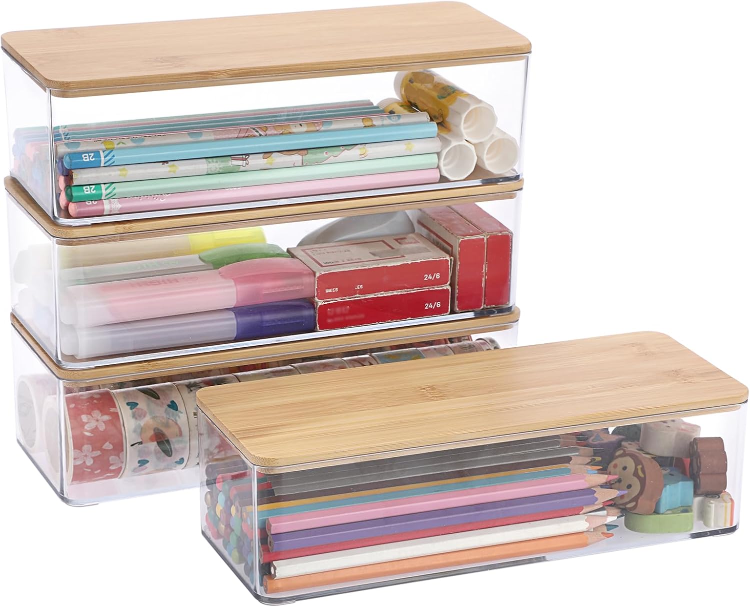 Amazon.com : BTSKY 4 Pack Clear Pencil Box with Bamboo Lids, Stackable ...