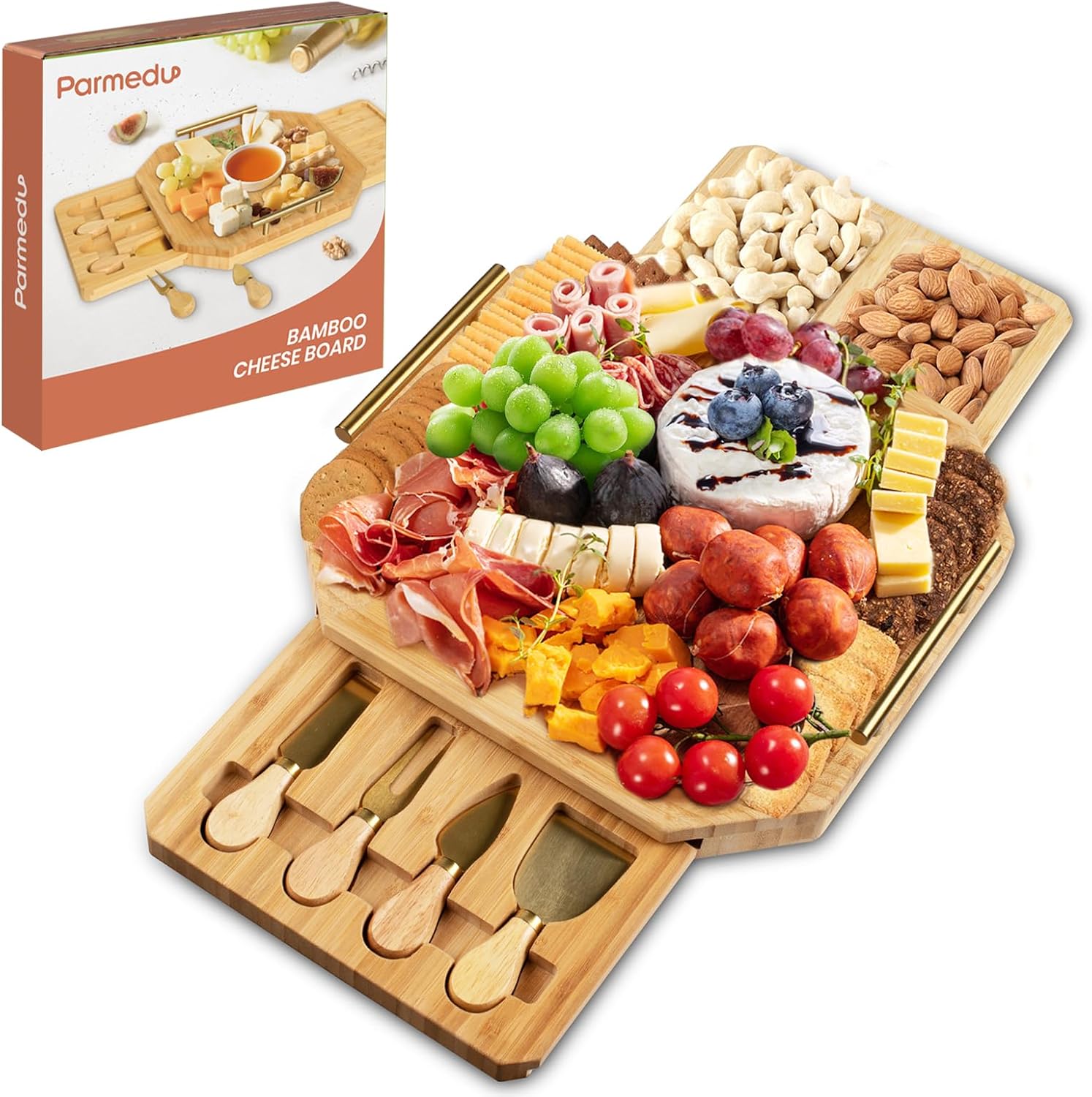 Amazon.com: Parmedu Bamboo Cheese Board Set: Appetizer & Cheese Platter ...