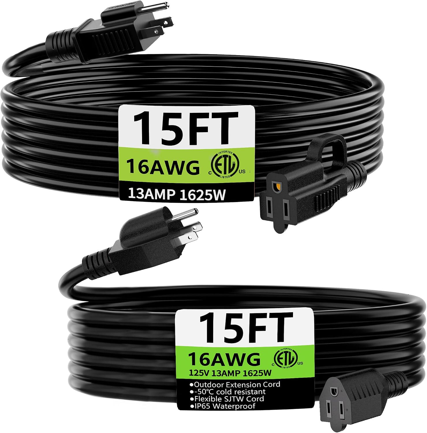 15FT 2Pack 16/3 Gauge Black Extension Cord Flexible Cold-Resistant ...