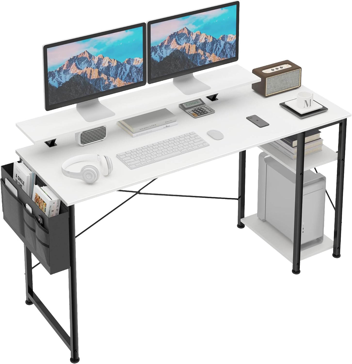 CAIYUN 140cm Computer Desk with Monitor Stand, Home Office Desk with ...