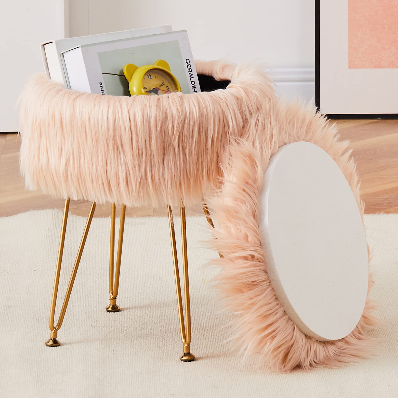 Mxfurhawa Faux Fur Storage Ottoman Round Furry Vanity Stool Marble ...