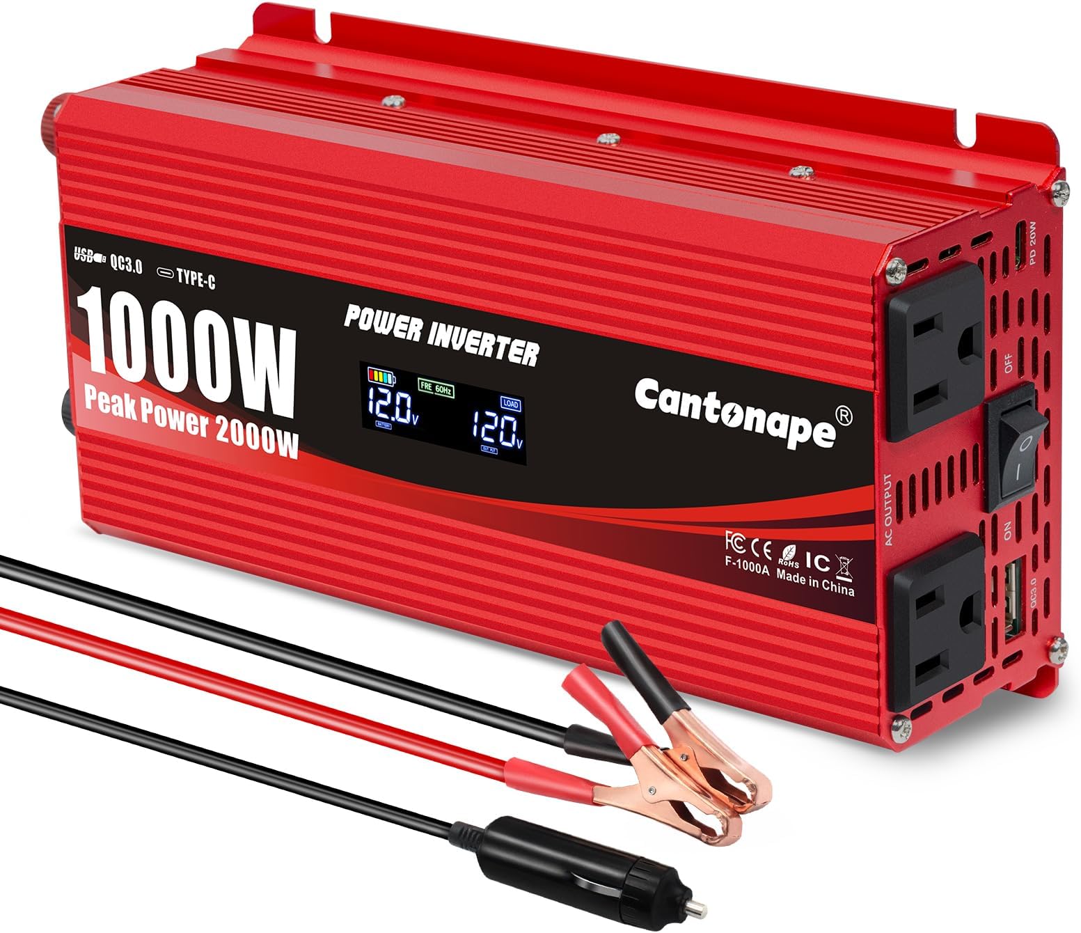 Amazon.com: Cantonape 1000W/2000W(Peak) Car Power Inverter DC 12V to ...