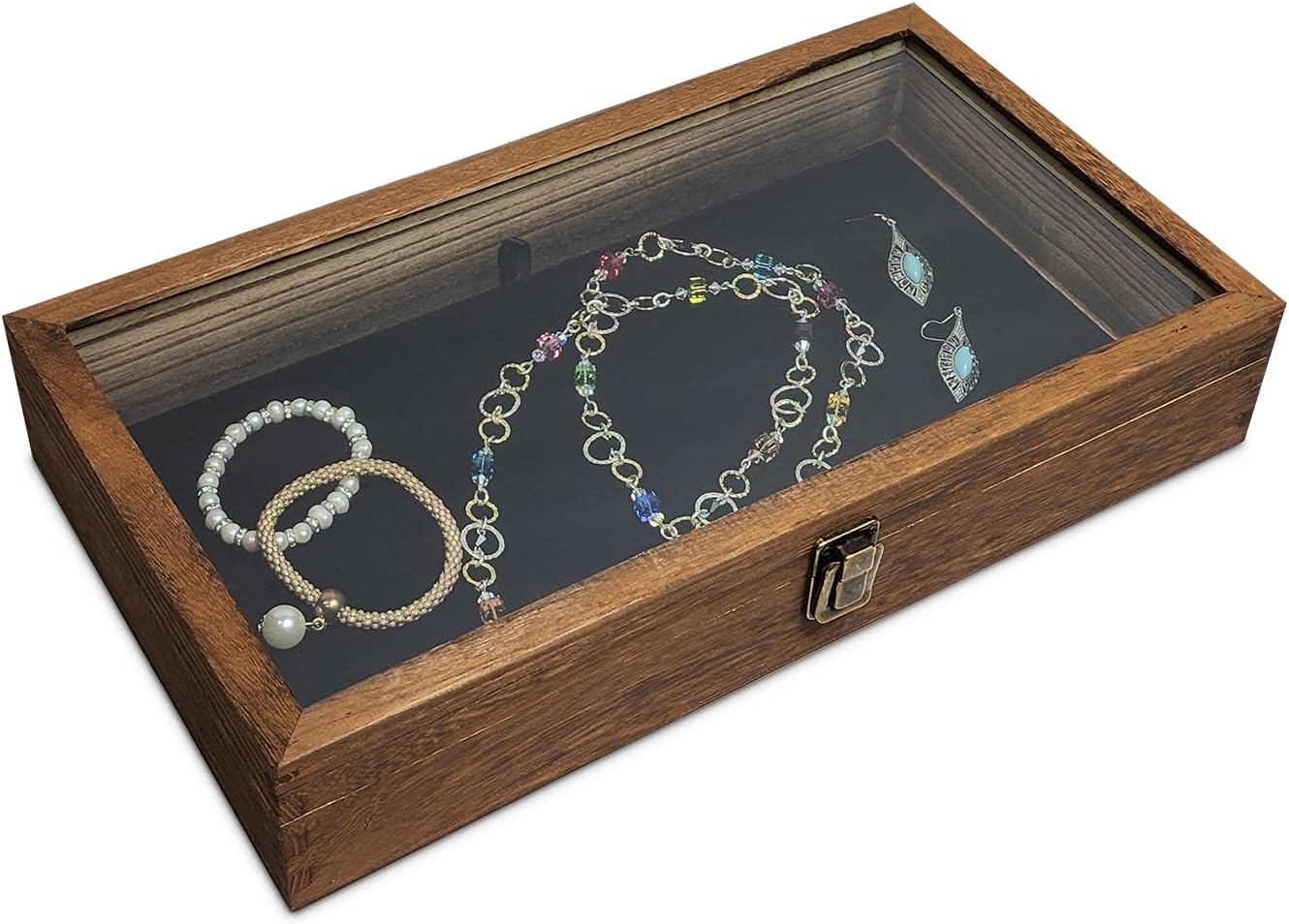 Amazon.com: MOOCA Glass Top Wooden Jewelry Display Case with Black ...