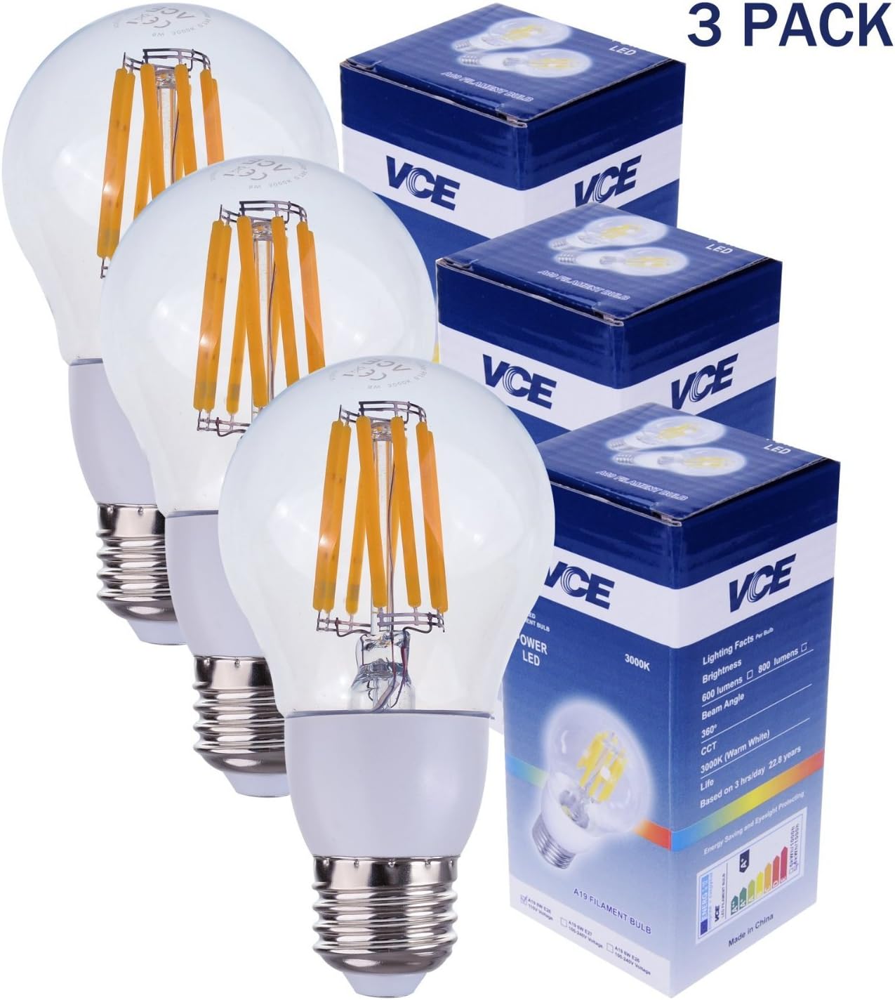 VCE LED Filament, (3 Pack) LED Edison Light Bulb 6W,60W Equivalent,Not ...