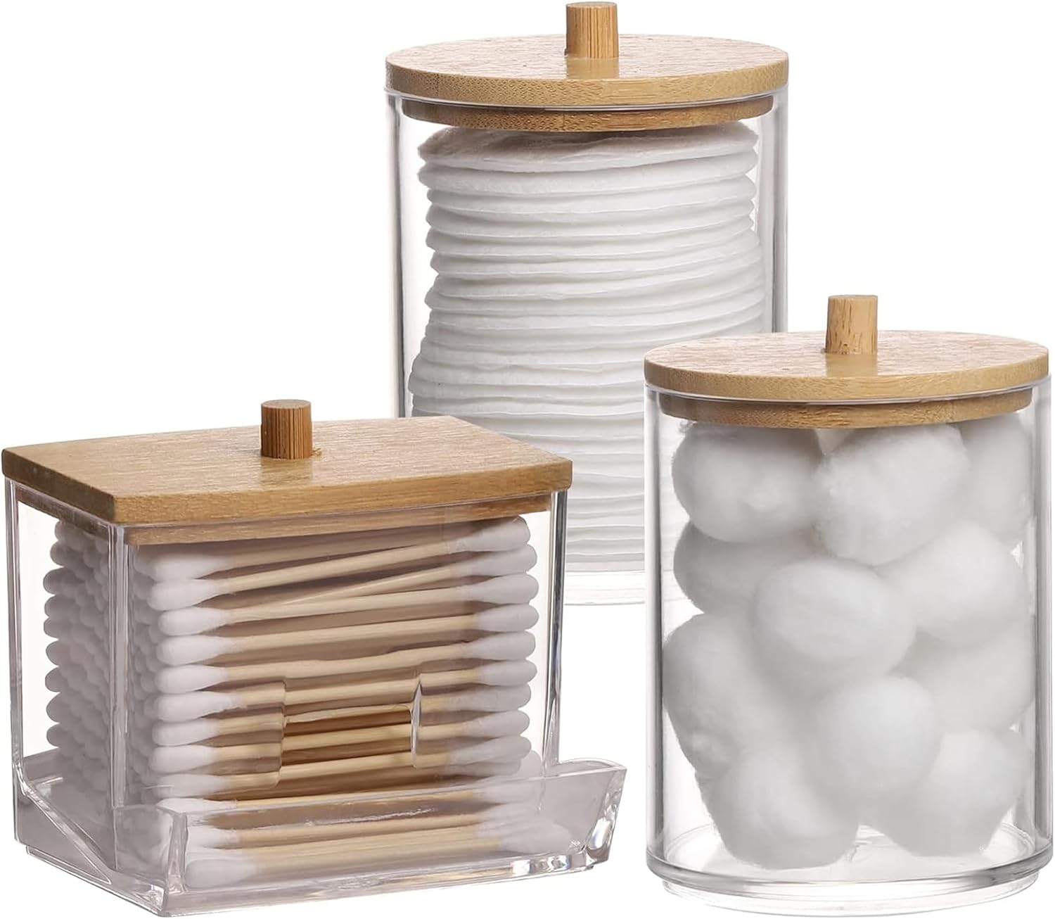 3 Pack Qtip Holder Dispenser with Bamboo Lids, Clear Plastic Apothecary ...