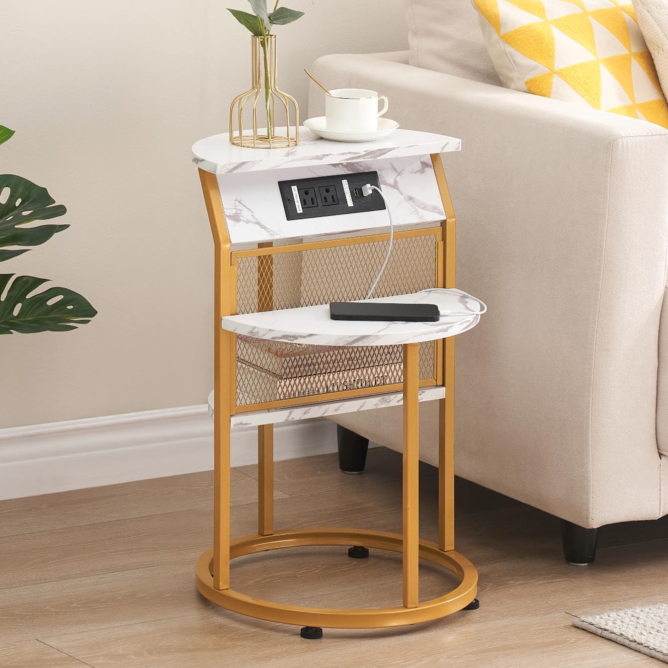 Amazon.com: GAMON Round End Table with Charging Station, Gold Side ...