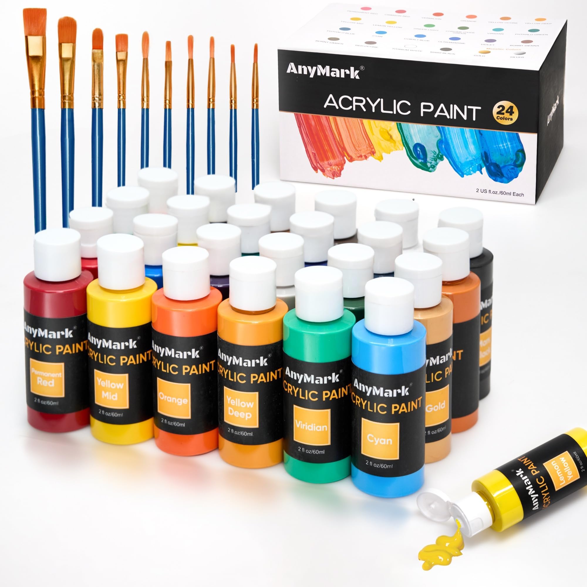 Amazon.com: AnyMark Acrylic Paint, 24 Colors Acrylic Paint Set, 2 fl oz ...