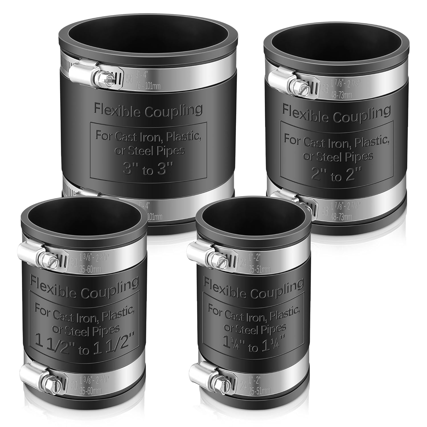 Enhon 4 Pcs Flexible PVC Pipe Coupling, with Stainless Steel Clamps, 1 ...
