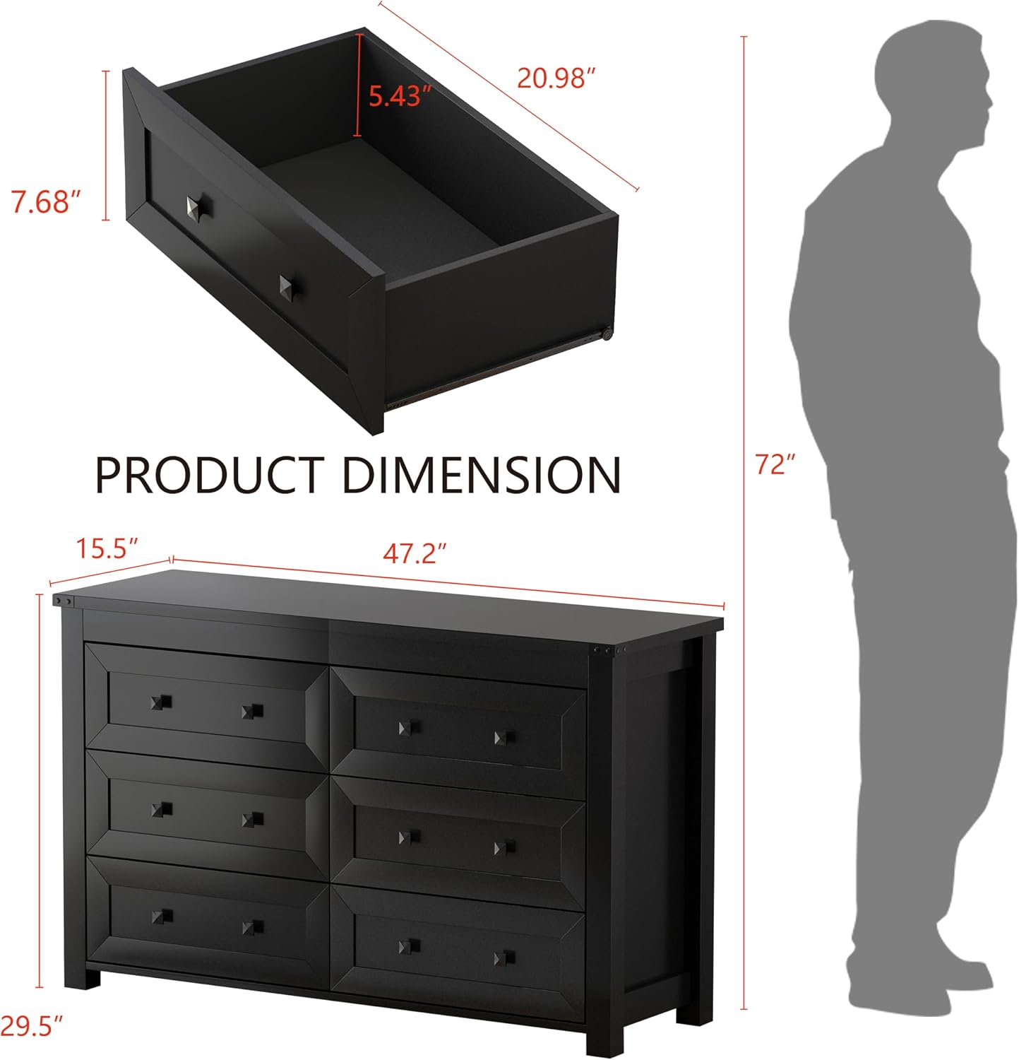 Cómoda negra para dormitorio con 6 cajones, cómoda rústica de madera ...