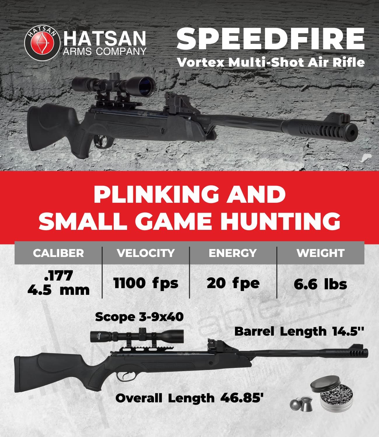 Hatsan SpeedFire (Magnum 1250) – Rifle de aire, color negro con paquete de objetivos de papel ...