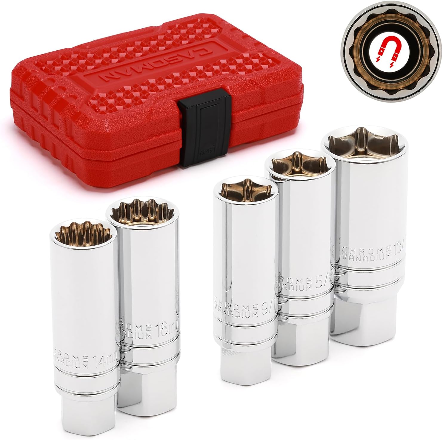CASOMAN 5-Piece 3/8-Inch Drive Magnetic Spark Plug Socket Set, Includes ...