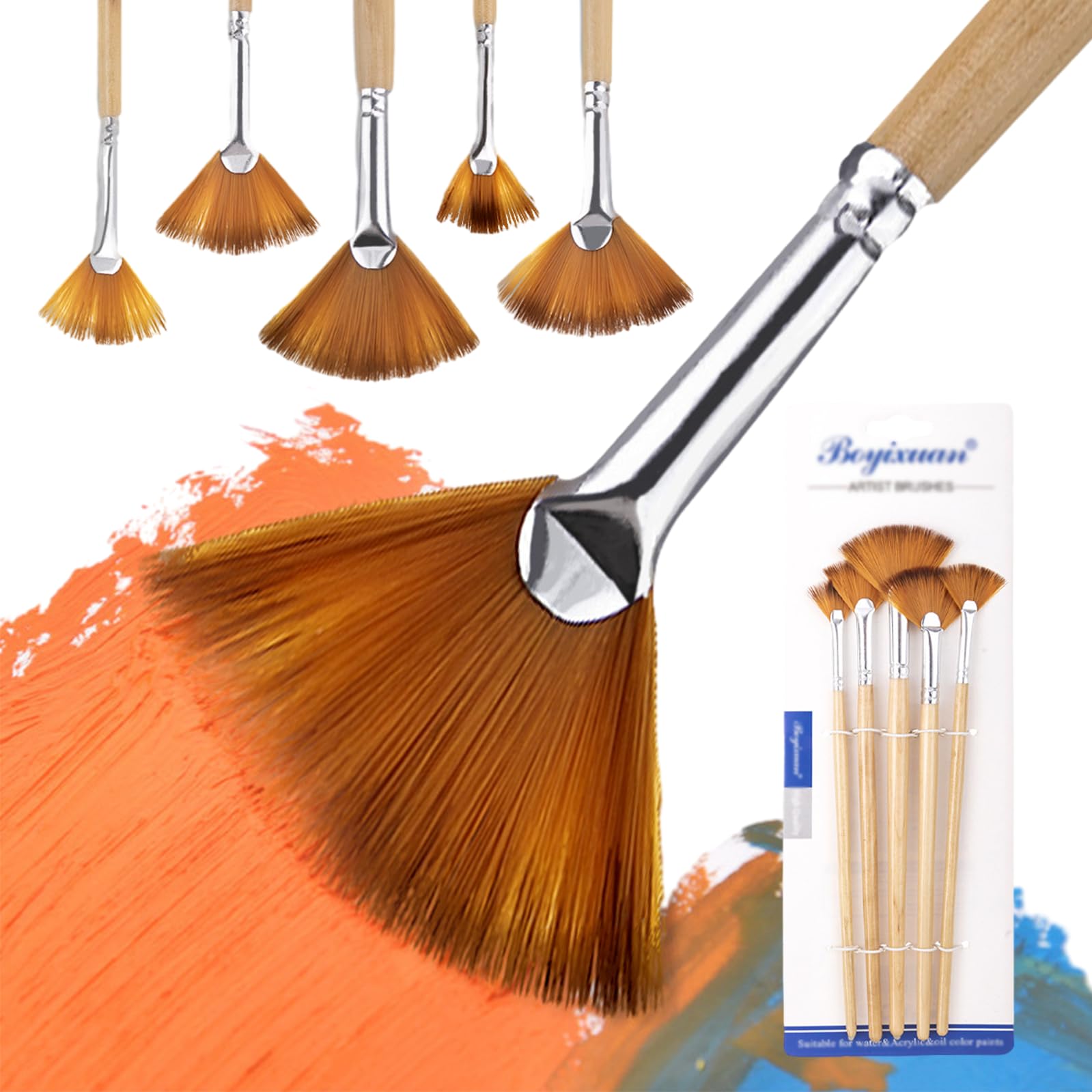 Nylon Artist Fan Brushes Set, 1Set 5 PCS Soft Anti-Shedding Paint Brush ...