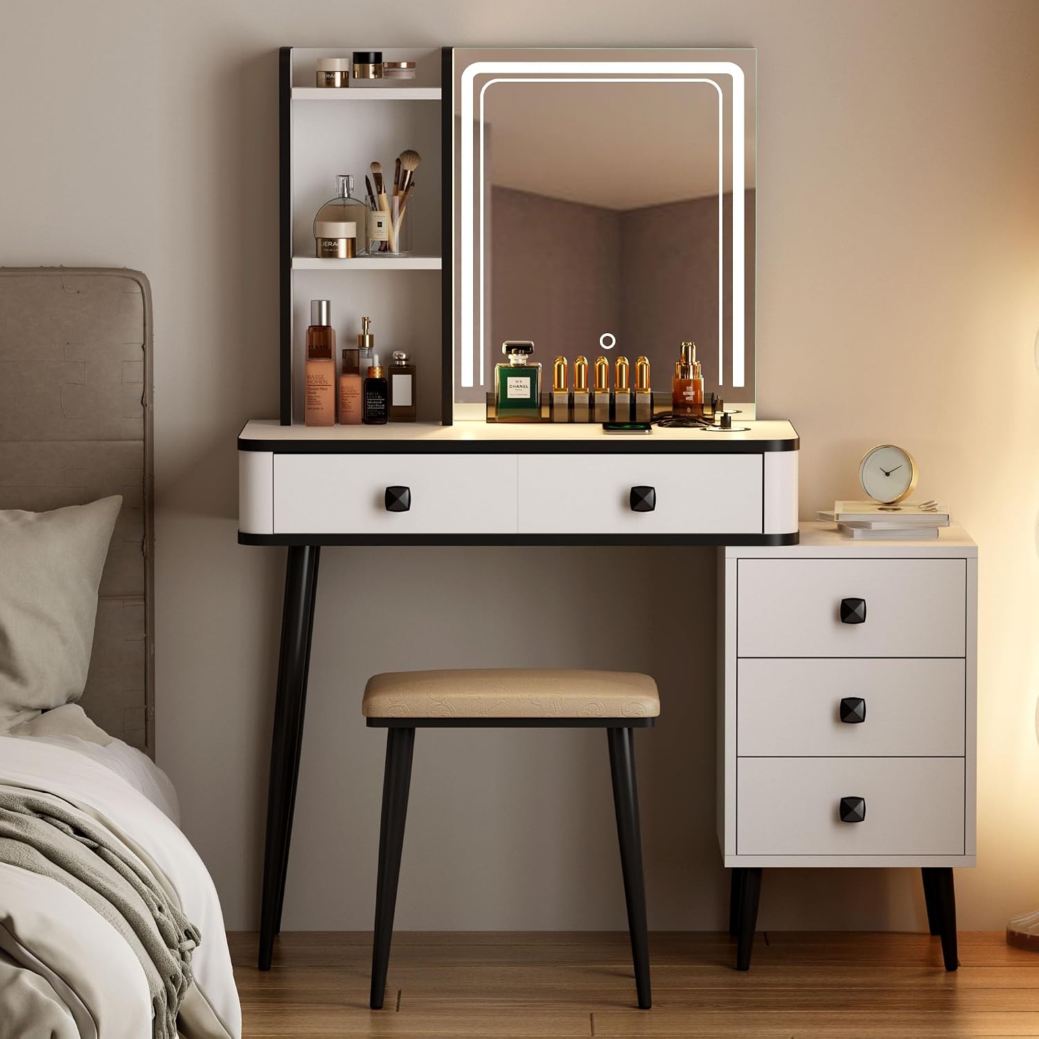 Amazon.com: soges Vanity Table Set with LED Mirror and Cushioned Stool ...