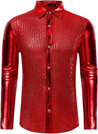 Amazon.com: Lars Amadeus Red Shiny Sequins Shirt for Men's Party Long ...