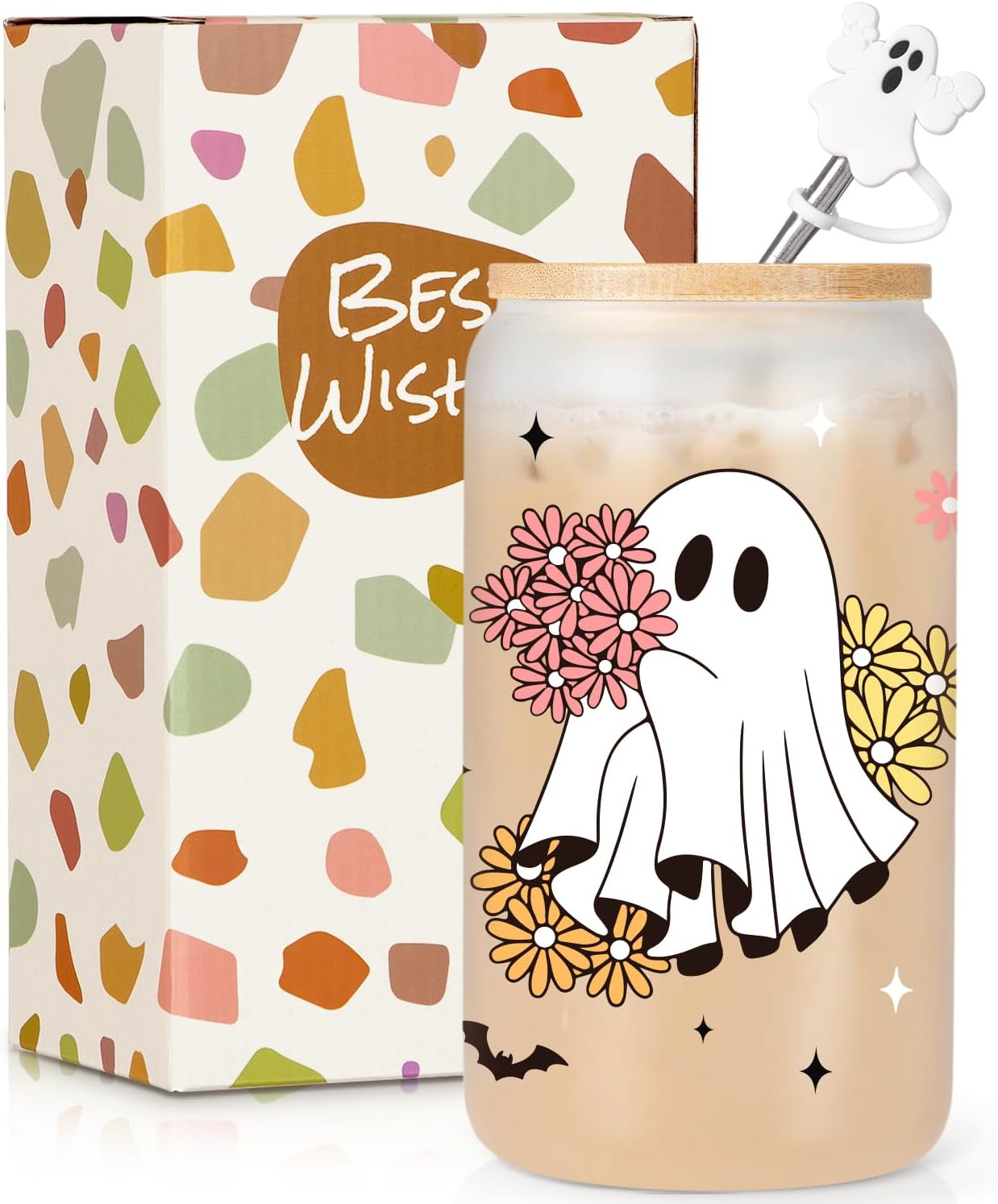 Amazon.com: Frerdui Halloween Ghost Glass Cup - 16 oz Floral Retro ...