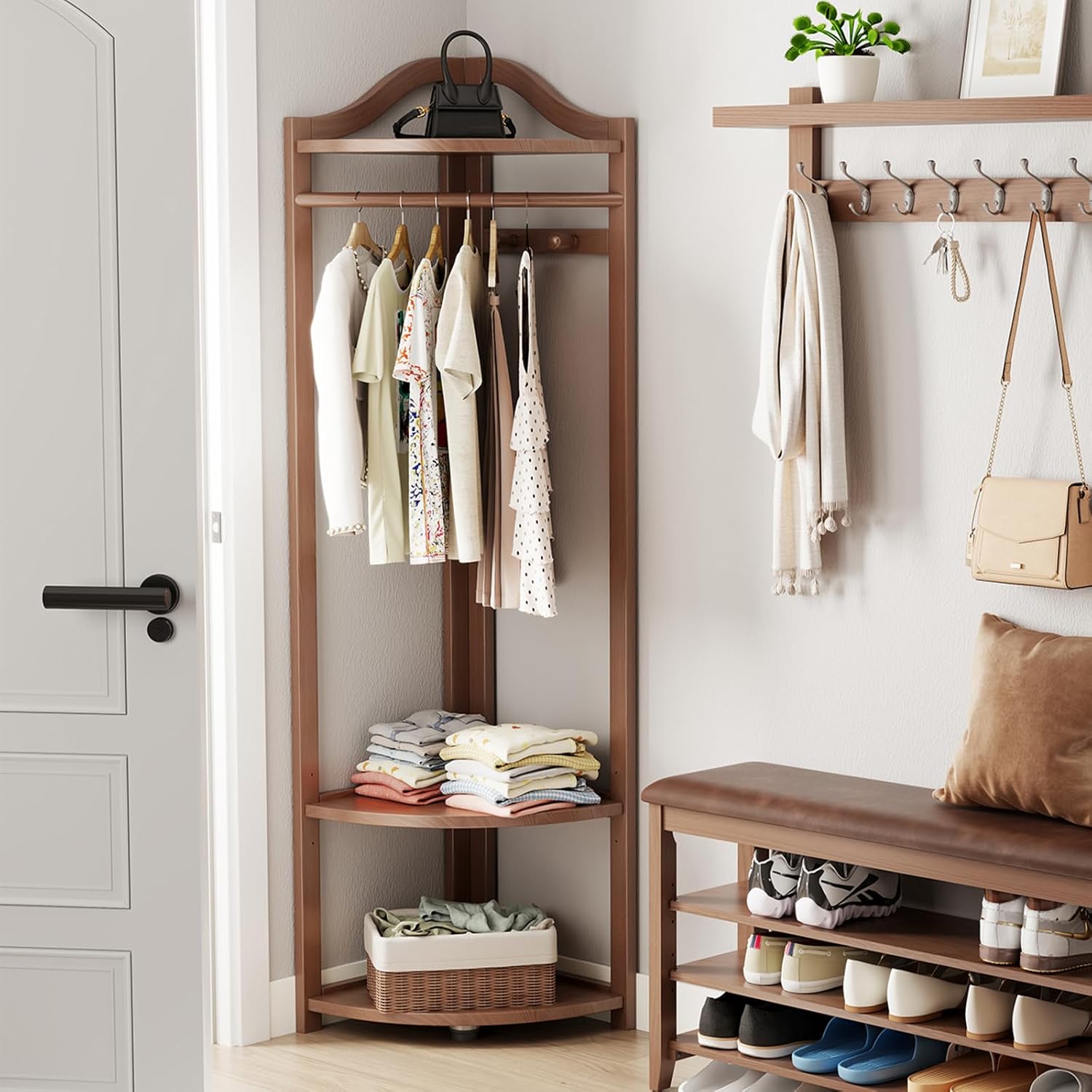 Amazon.com: KASLANDI Corner Clothes Rack with Thick Clothes Rod, Wood ...