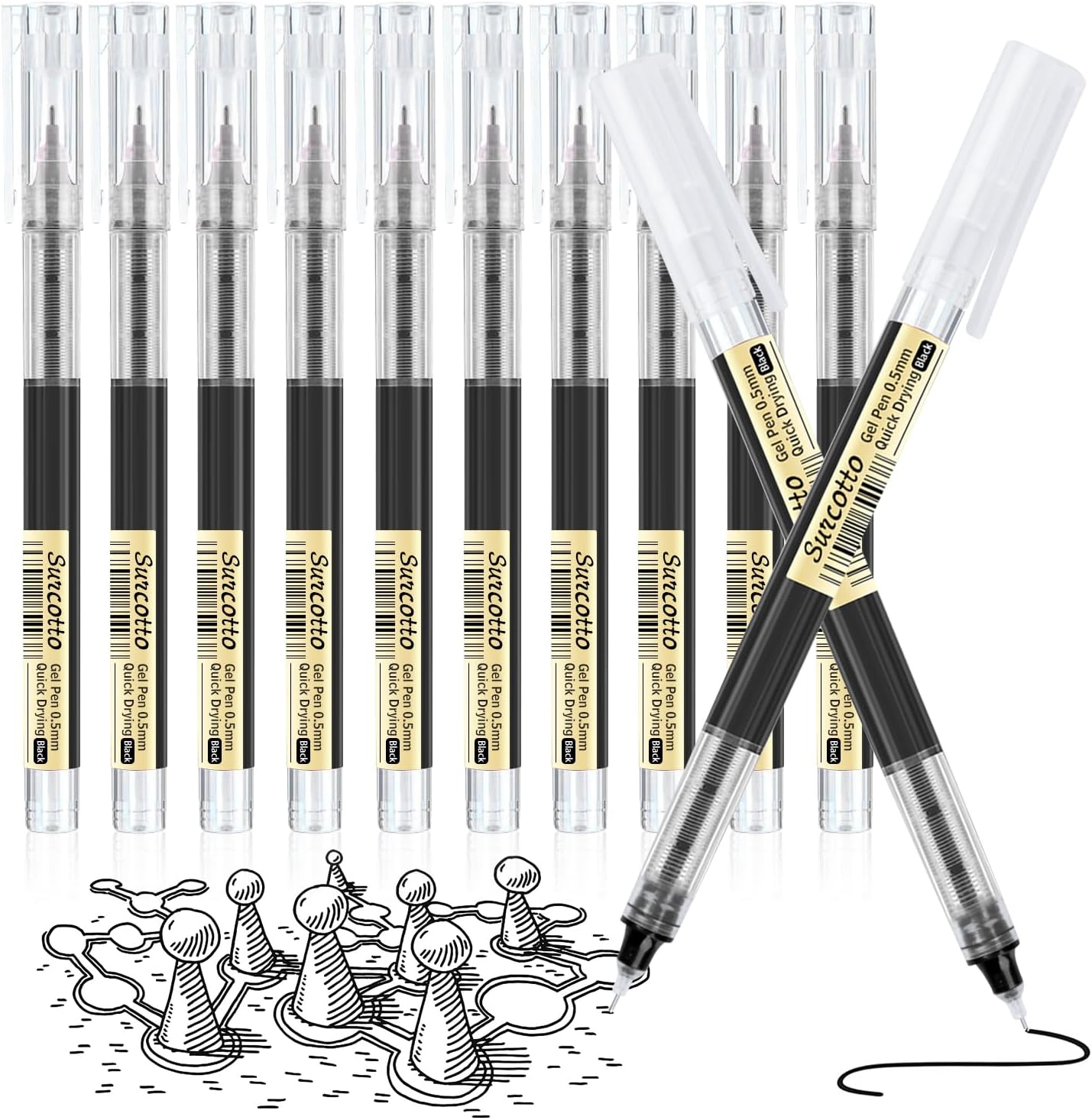 Surcotto Gel Pens, 12pcs 0.5mm Black Gel Ink Pens, Ultra-Fast Drying ...