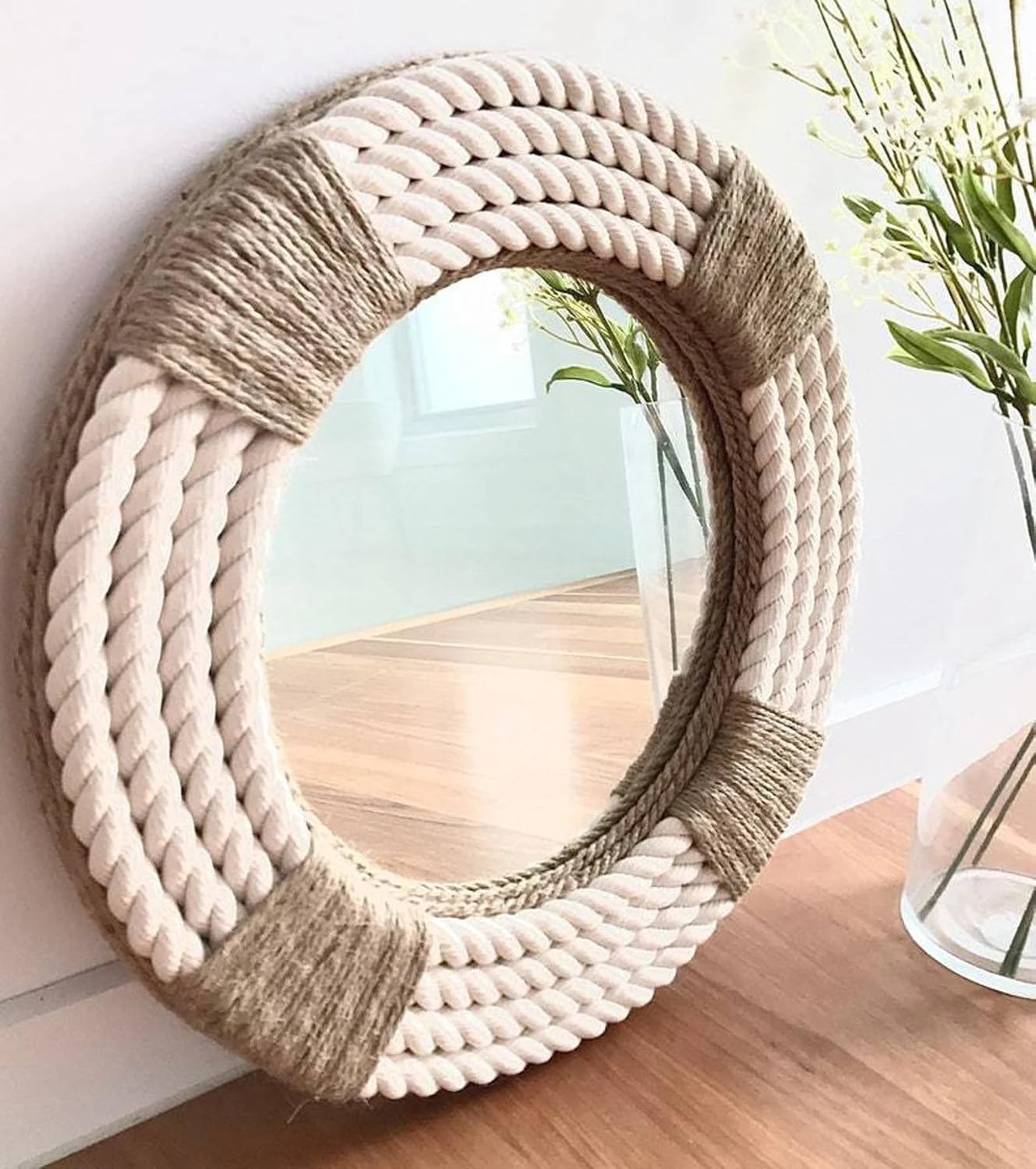 Nautical Round Wall Mirror with Rope Jute - Coastal Mirror for Bathroom ...