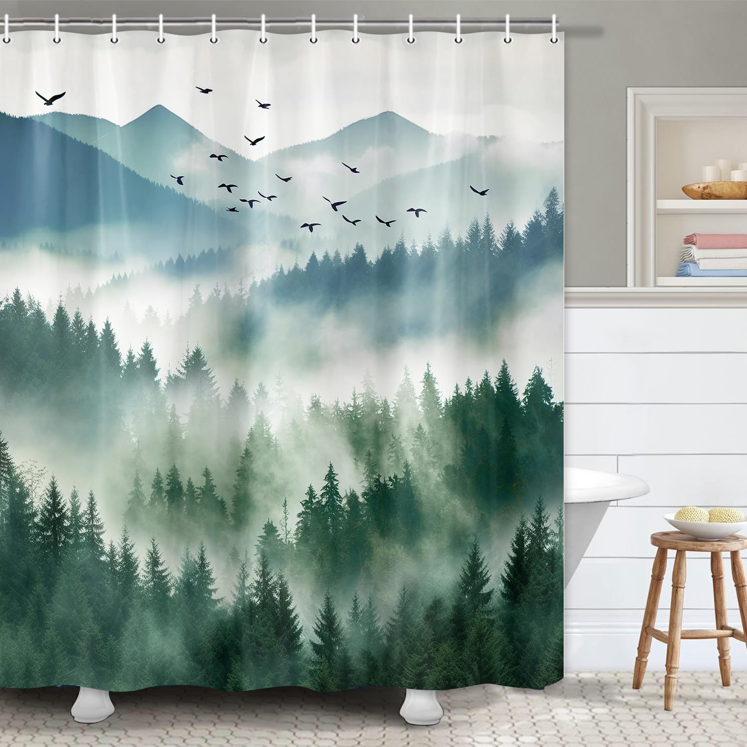 Amazon.com: Mountain Rustic Shower Curtain, Green Misty Forest Tree Foggy Shower Curtains for ...