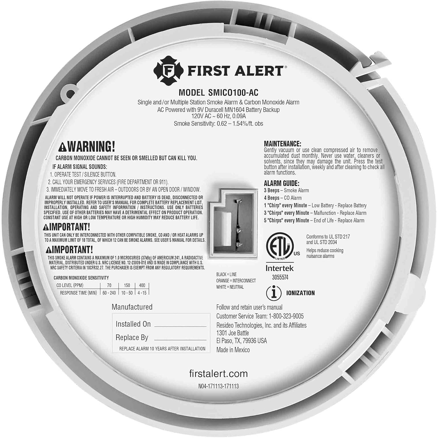 First Alert SMICO100-AC Interconnect Hardwire – Alarma combinada de ...