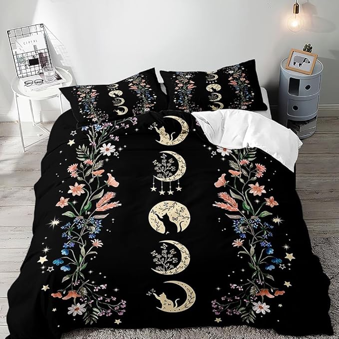 LUVIVIHOME 3PCS Black Cat Moon Phase Duvet Cover Full Bedding Set, Boho ...