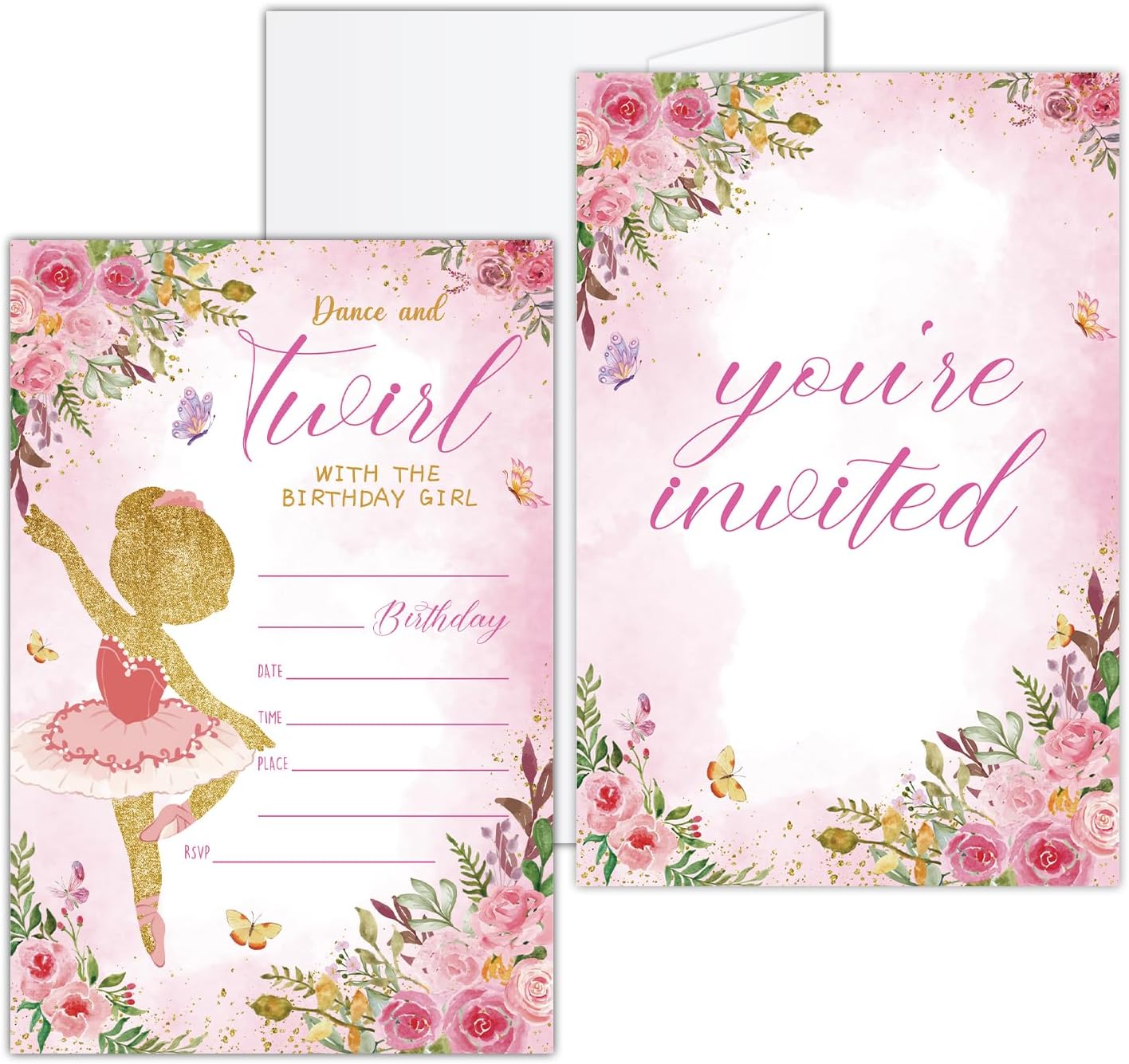 Amazon.com : Ziyouza Ballerina Birthday Invitations, Pink Gold Floral ...