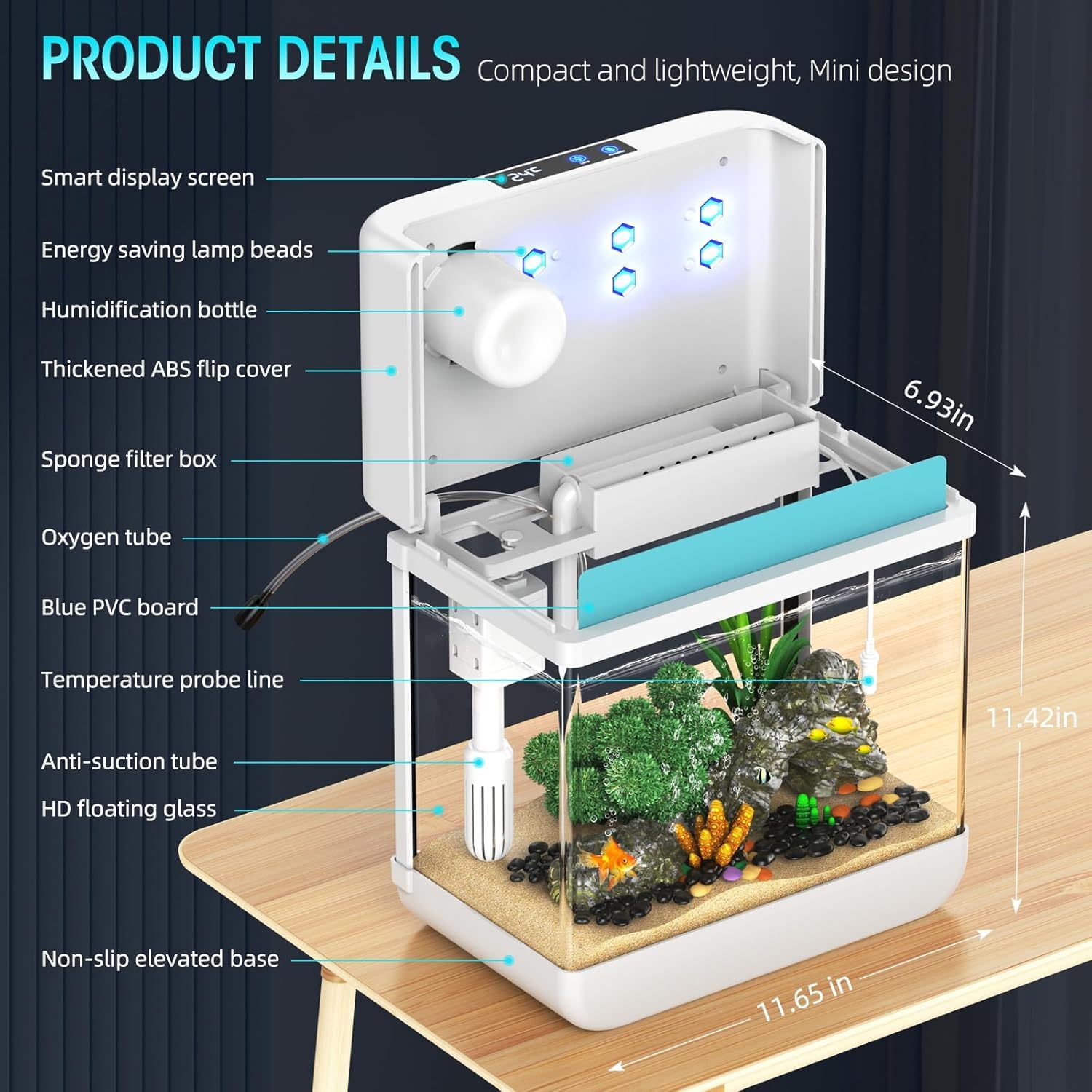 Smart Fish Tank With Humidifier 2.2 Gallon & LED Lights – 3-in-1 Filter ...