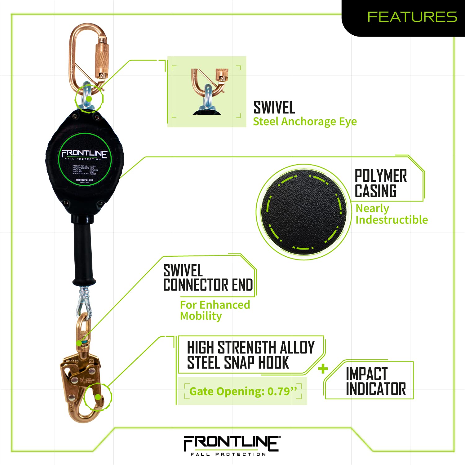 Frontline RPG20 Cable Single Leg 20ft SRL with Steel Snap Hook End ...