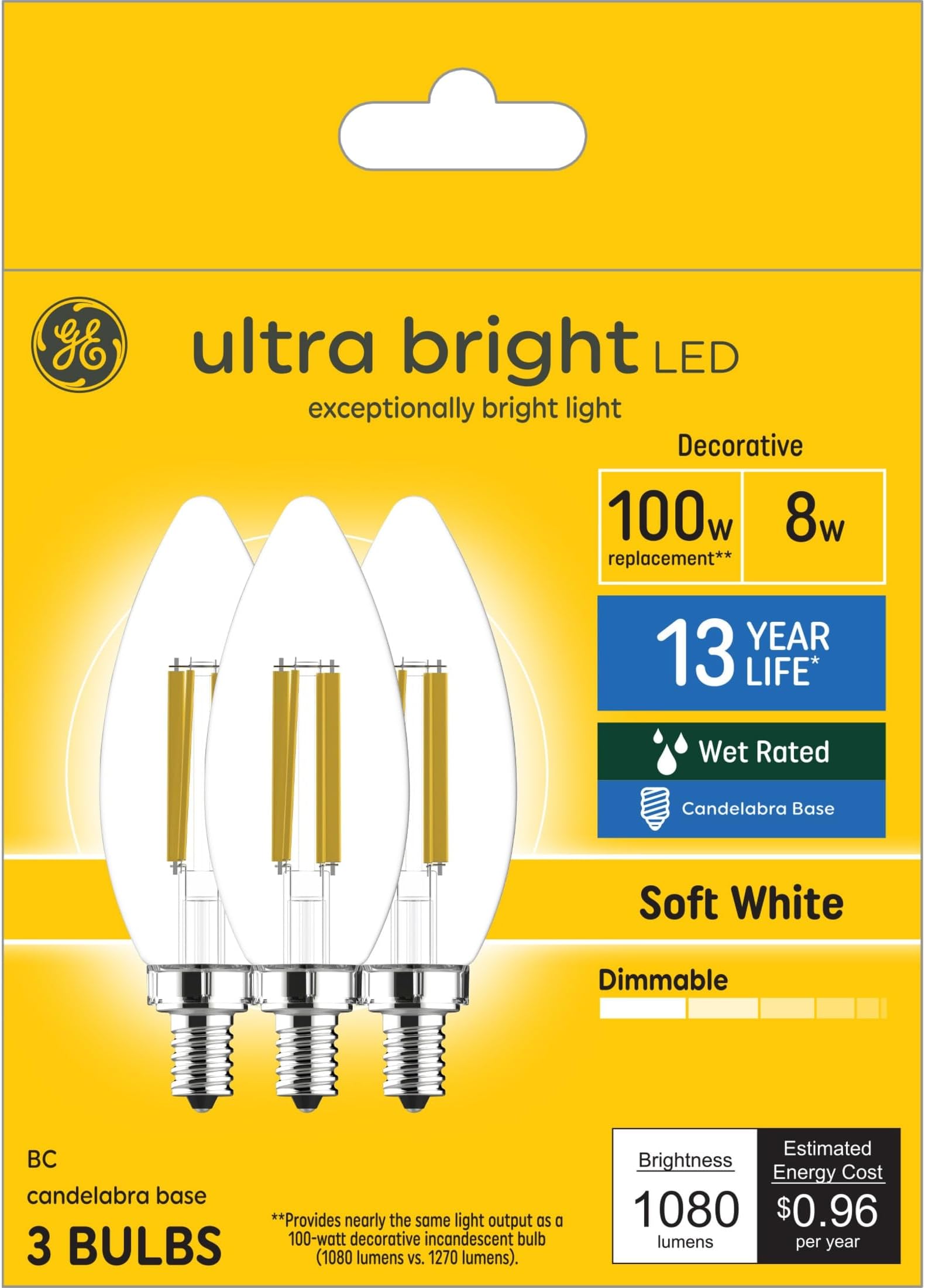 GE Ultra Bright LED Light Bulbs, 100W, Soft White Candle Lights, Clear ...